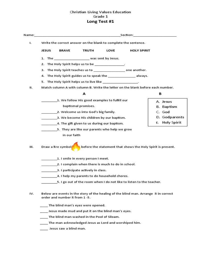 Grade 1 Christian Values Test | PDF | Religion & Spirituality