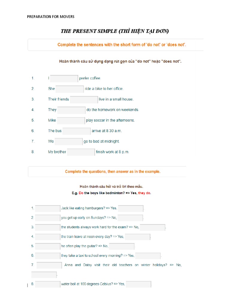Present Simple - Preparation For Movers | PDF