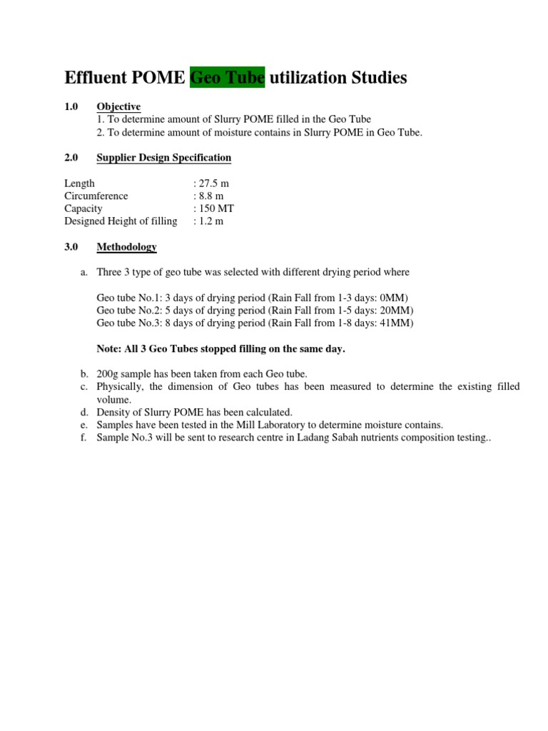 Sludge Dewatering Tube Utilization - Palm Oil Hunter | PDF | Ton | Volume