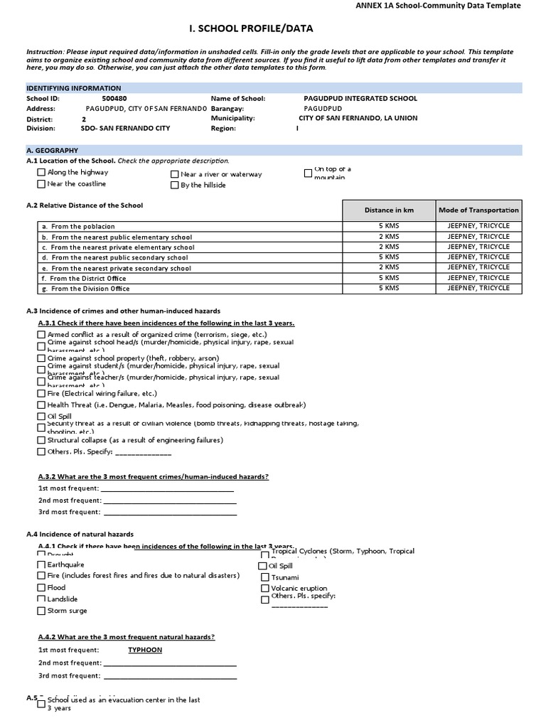 Sip Annex 1a School-Community Data Template | PDF | Natural Hazards ...