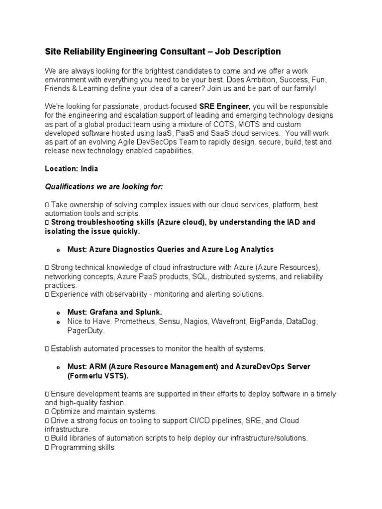 Site Reliability Engineering Consultant - Job Description ...