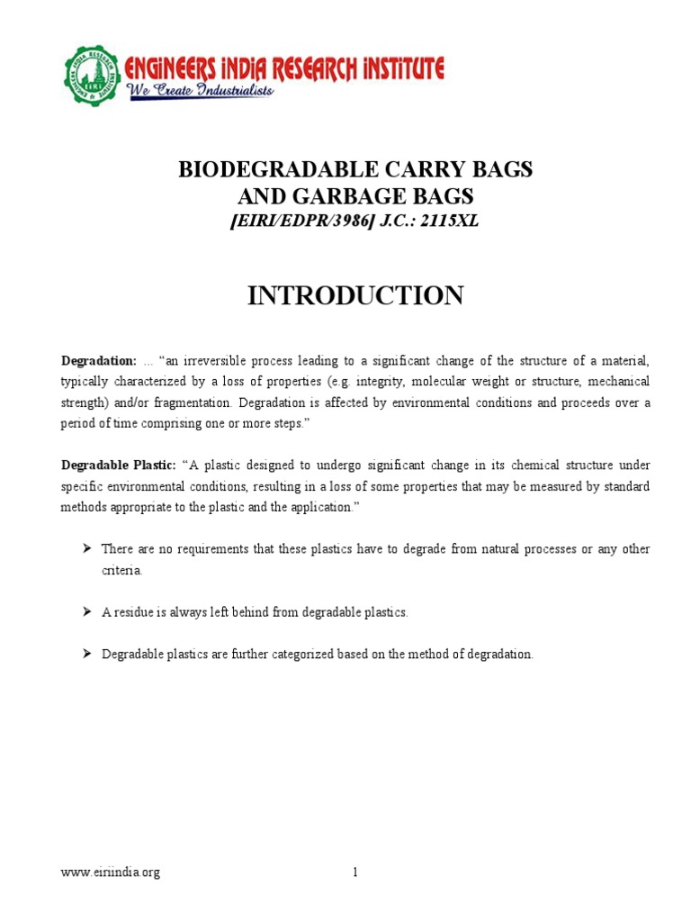 Project Report On Biodegradable Carry Bags and Garbage Bags | PDF ...
