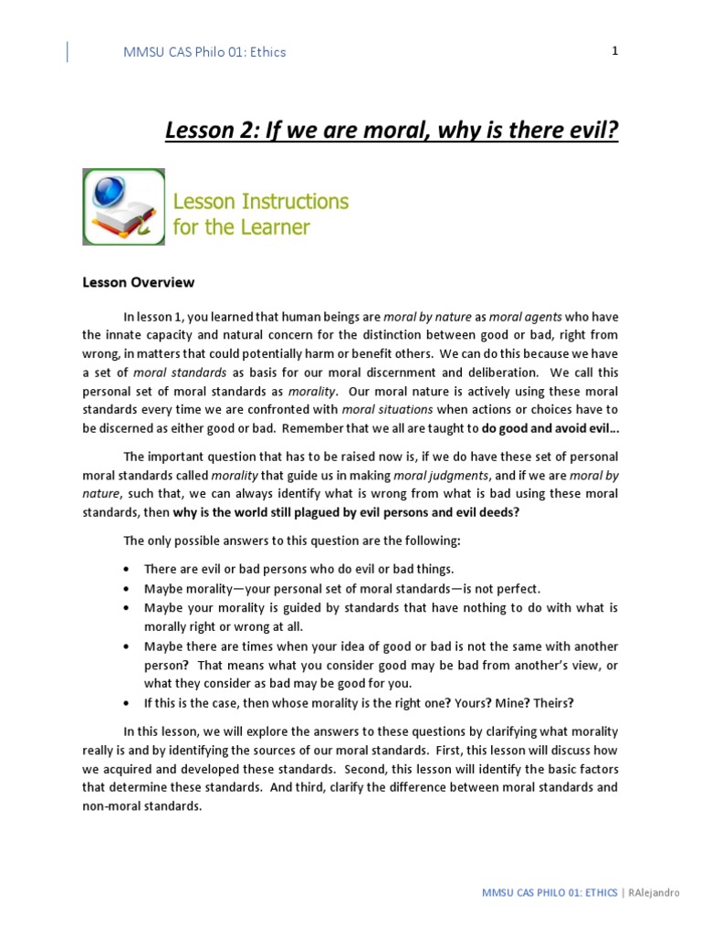 Ethics Intro Lesson 2 If We Are Moral, Why Is There Evil PDF | Download Free PDF | Conscience ...