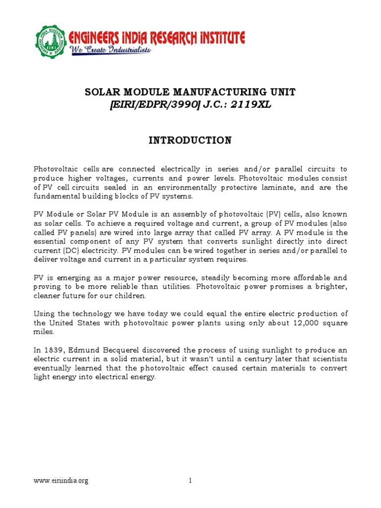 Project Report On Solar Module Manufacturing Unit | PDF | Photovoltaic ...