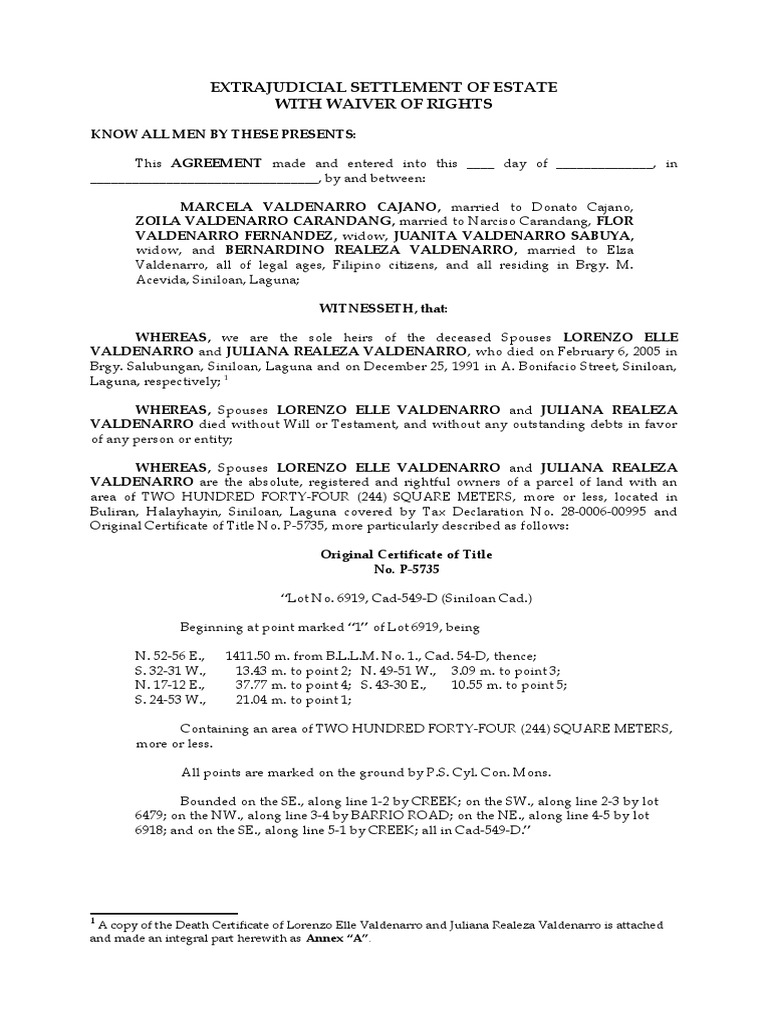 Extrajudicial Settlement of Estate With Waiver of Rights | PDF | Civil ...