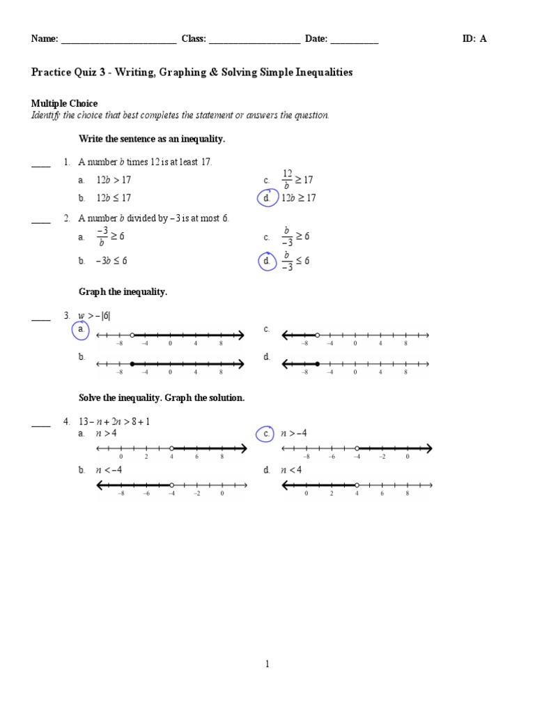 Practice Quiz 3 - Writing, Graphing & Solving Simple Inequalities | PDF ...