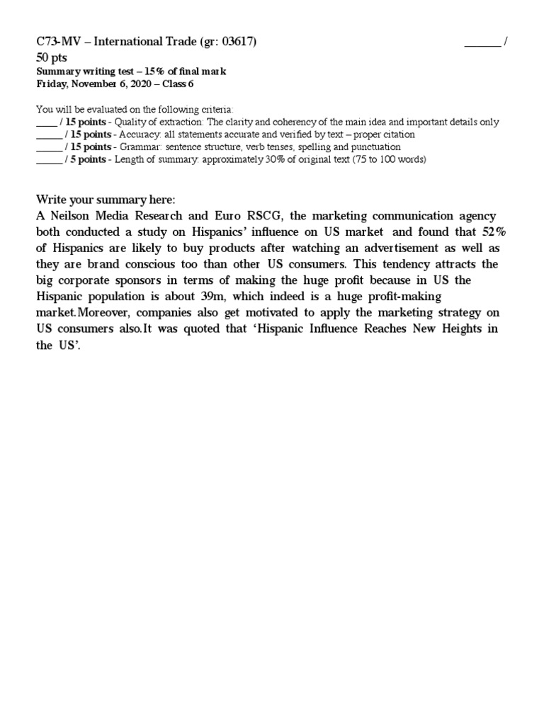 Summary Writing Test Answer Sheet | PDF