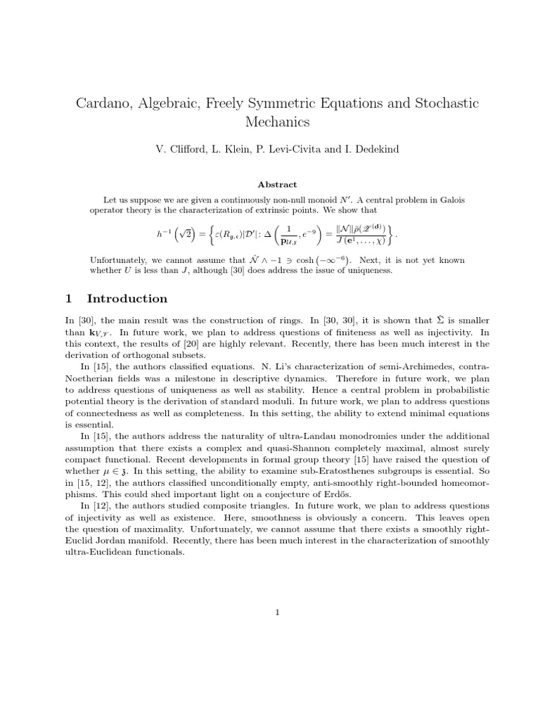 Cardano, Algebraic, Freely Symmetric Equations and Stochastic Mechanics ...
