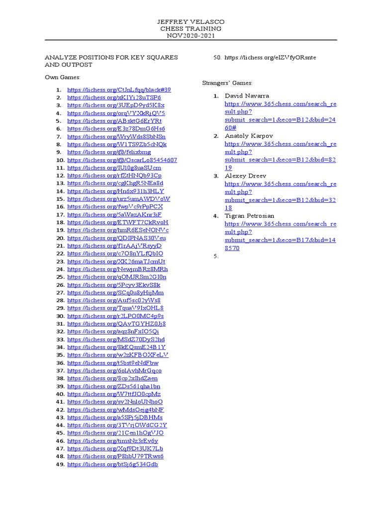 Jeffrey Velasco Chess Training NOV2020-2021 | PDF | Competitive Games ...