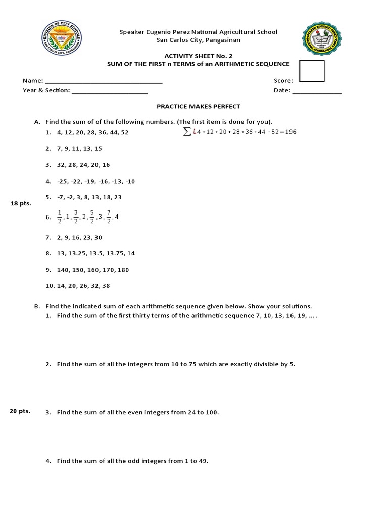 Activity Sheet No. 2 Sum of The First N Terms of An Arithmetic Sequence ...