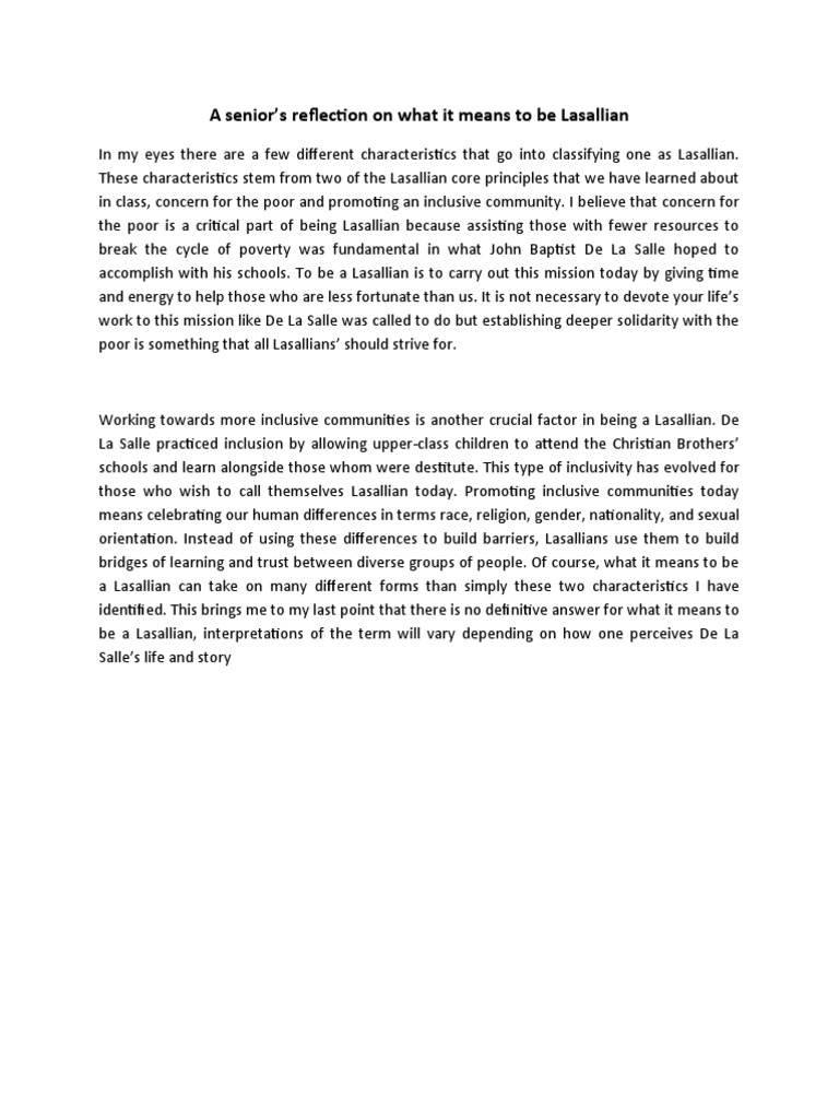 A Senior's Reflection On What It Means To Be Lasallian | PDF | Social ...