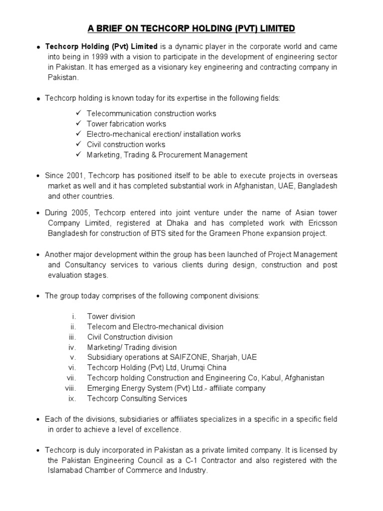 A Brief On Techcorp Holding (PVT) Limited | PDF