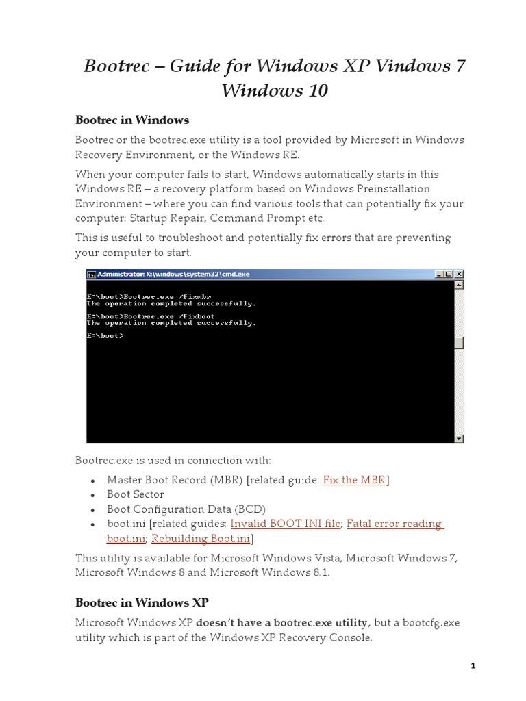 Bootrec - Guide For Windows XP Vindows 7 Windows 10 | PDF | Booting ...