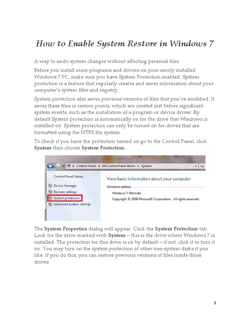 How To Enable System Restore in Windows 7 | PDF | Computer File | Computing Platforms