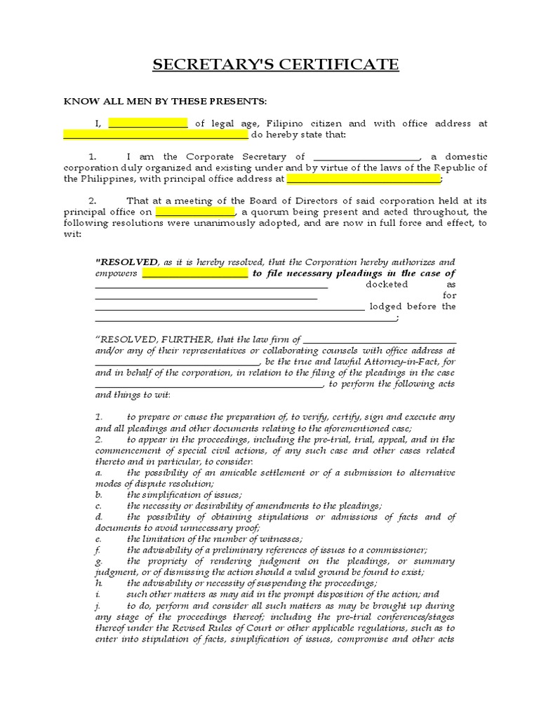 Secretary's Certificate Authorizing Legal Representation and Filing of ...