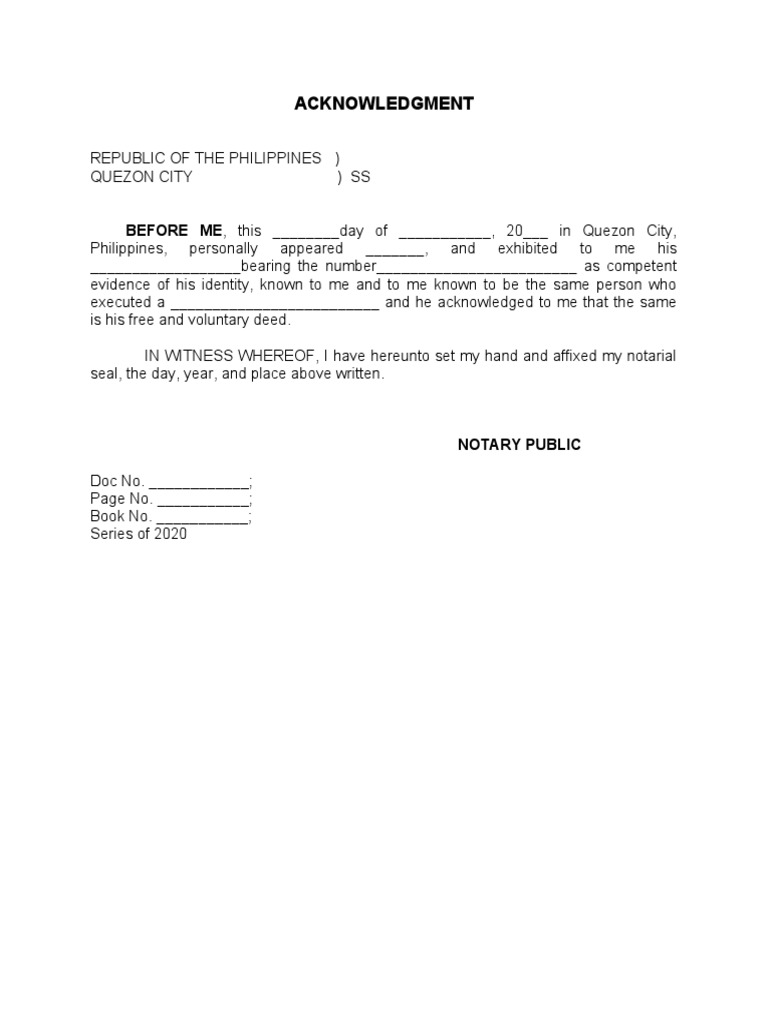 An Acknowledgment of Identity and Deed before a Notary Public in Quezon ...
