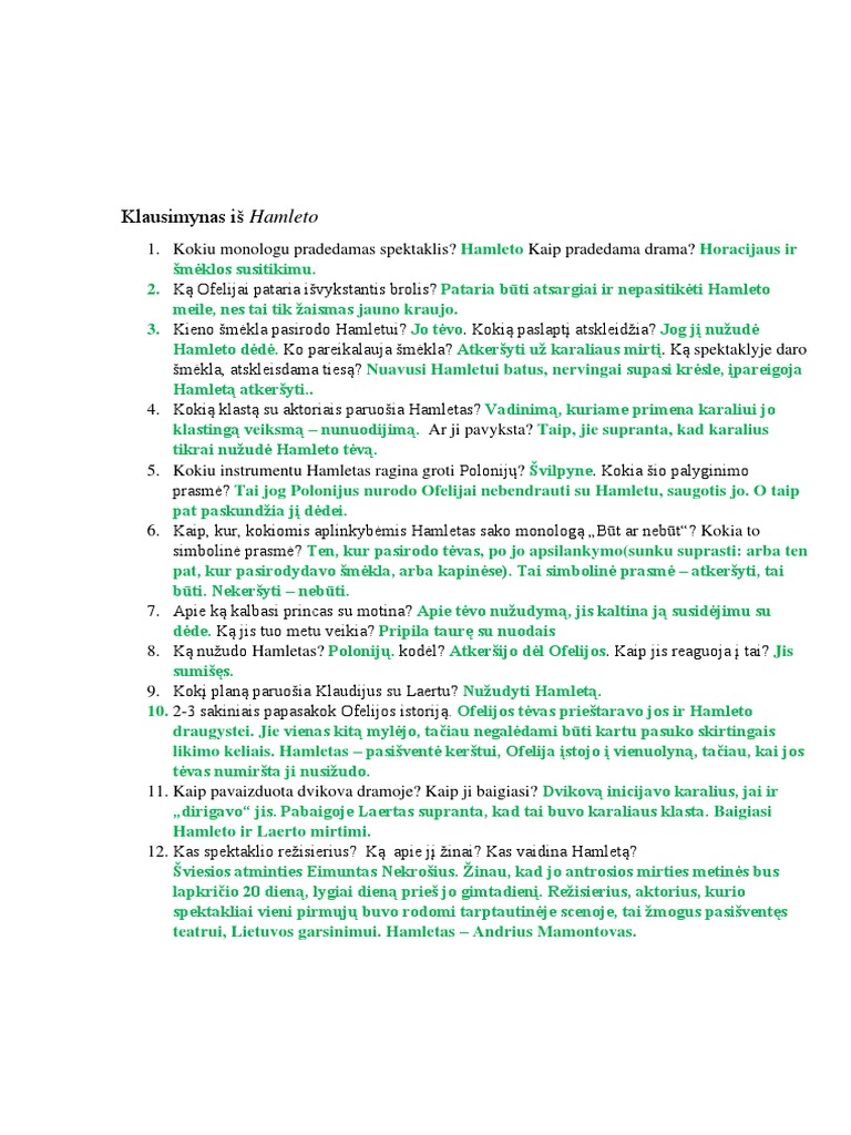 Klausimynas Iš Hamleto PDF | PDF
