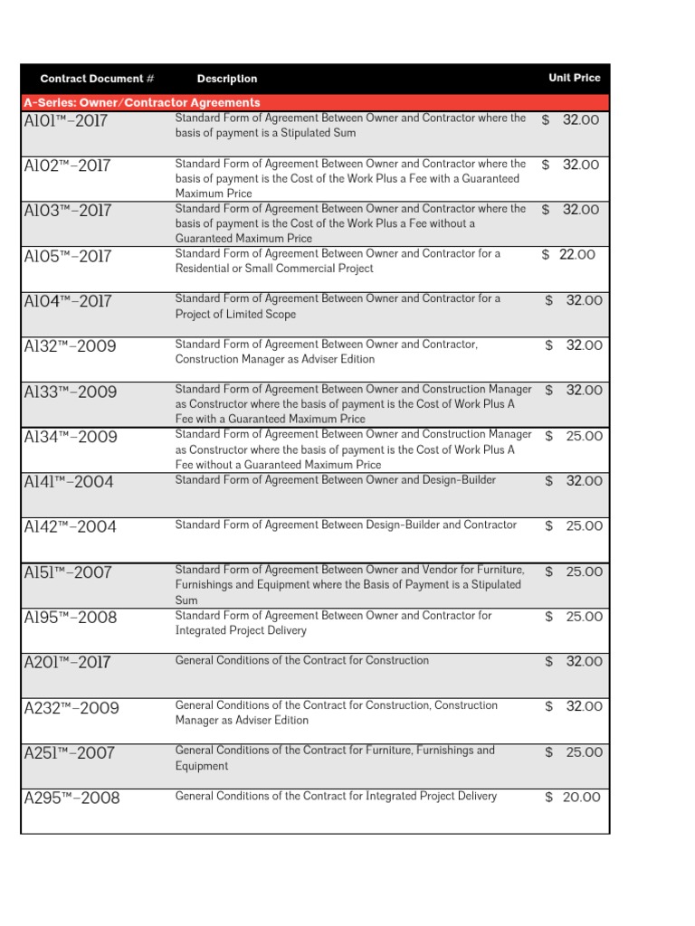 AIA PA Contract Document Listing and Prices 1 | PDF | Architect ...