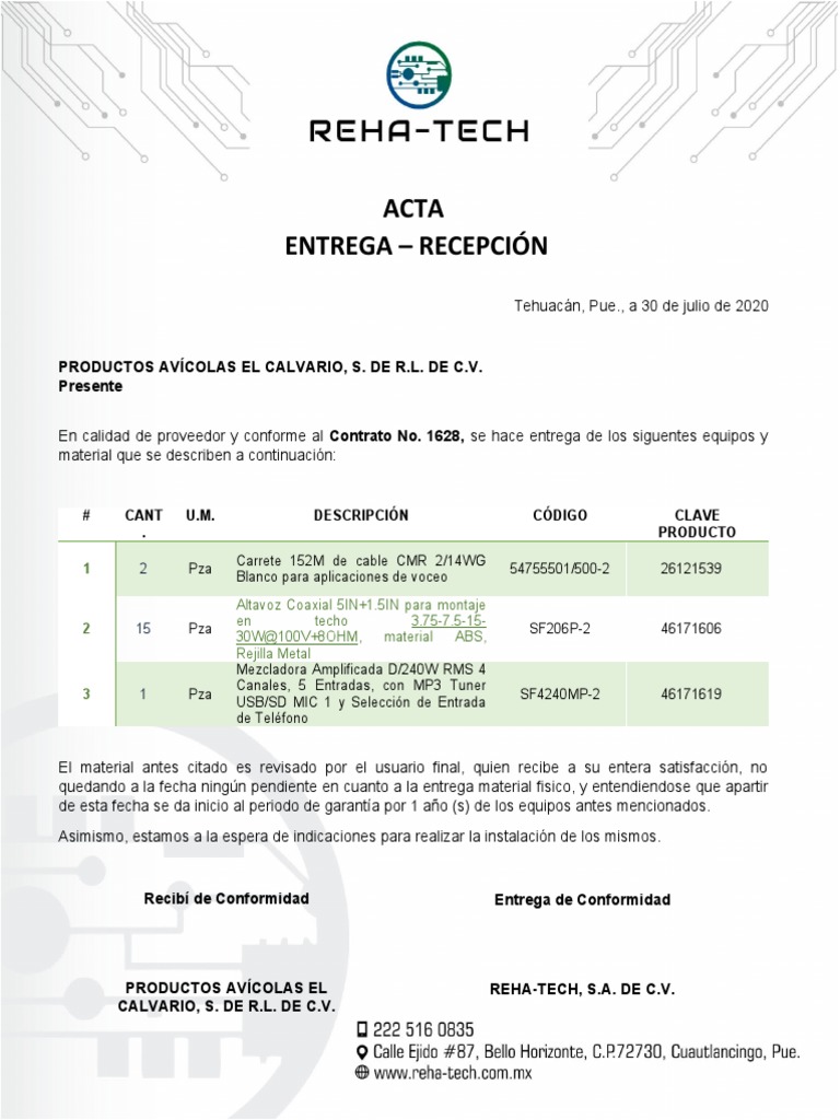 Acta Entrega Material | PDF
