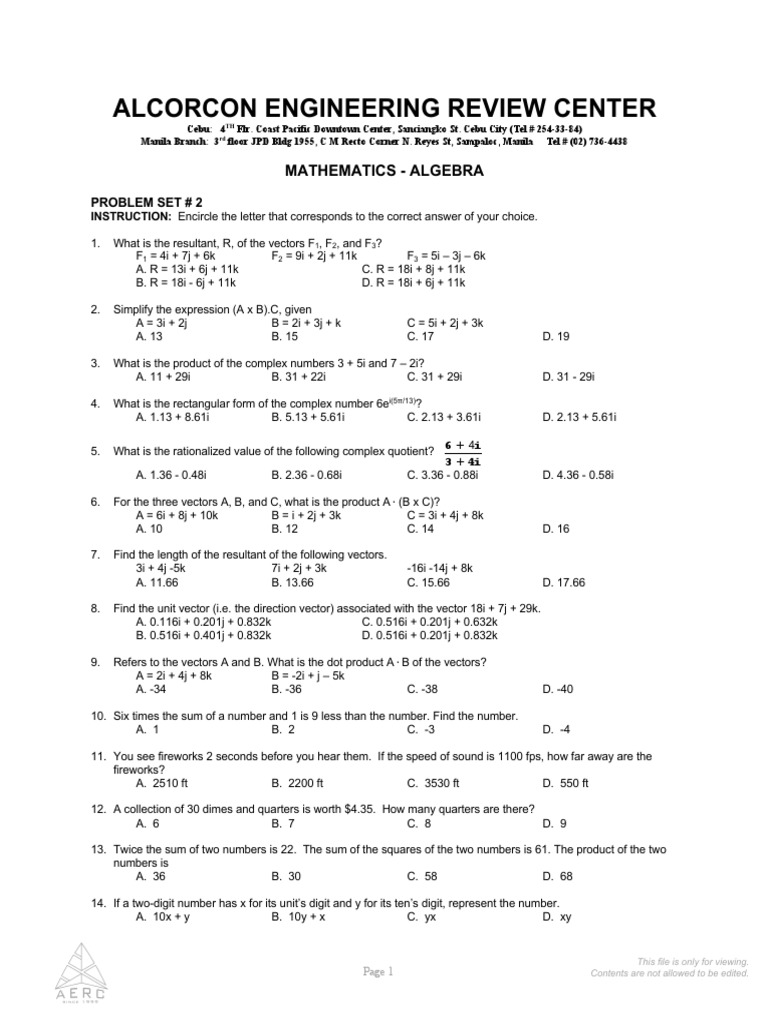 Alcorcon Engineering Review Center: Mathematics - Algebra | PDF ...