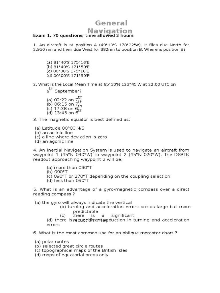 General Navigation: Exam 1, 70 Questions Time Allowed 2 Hours | PDF ...