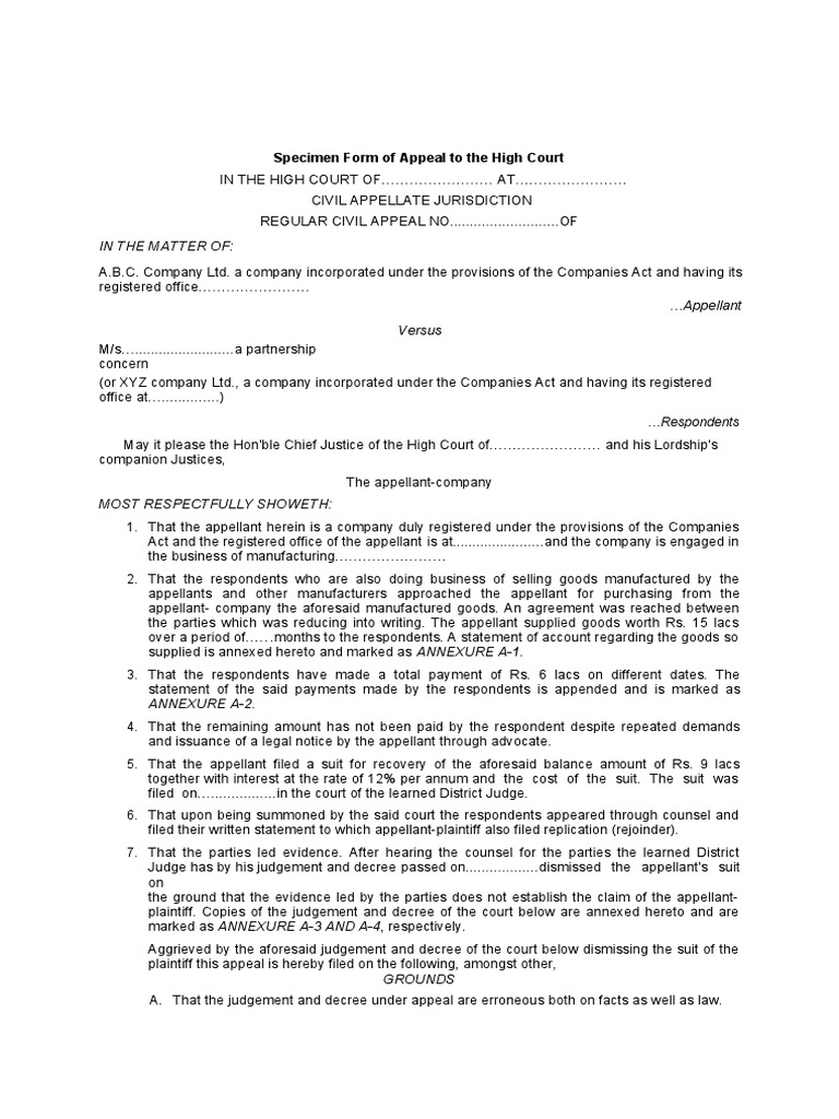 Specimen Form of Appeal To The High Court | PDF | Lawsuit | Judgment (Law)