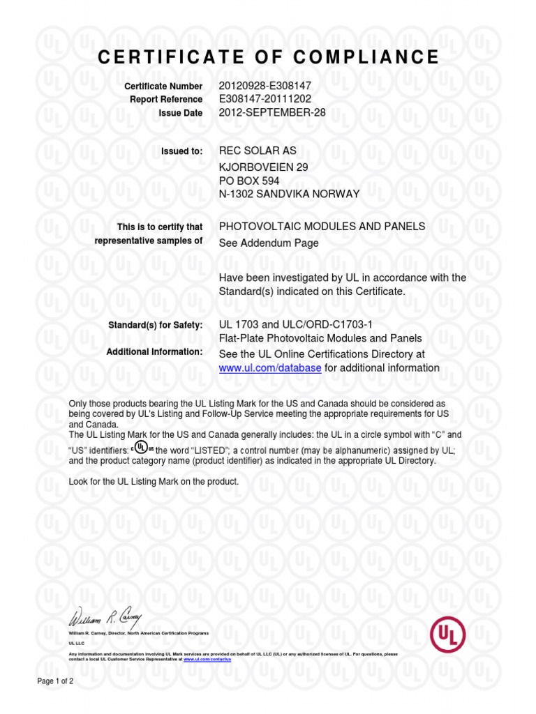 Certification of Compliance for Photovoltaic Modules and Panels ...