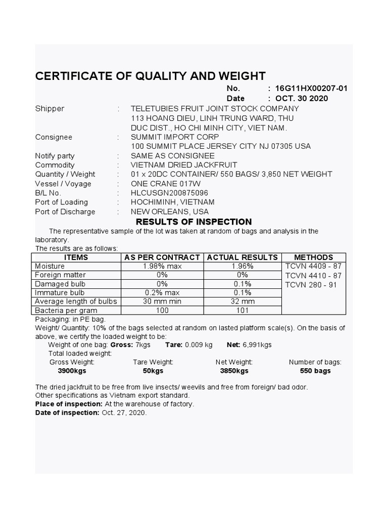 Certificate of Quality and Weight: Shipper | PDF
