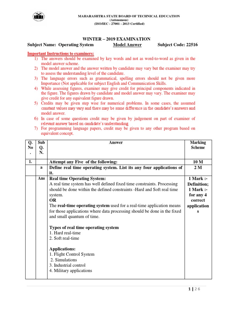 Analysis of a Model Answer Key for an Operating Systems Exam from the ...