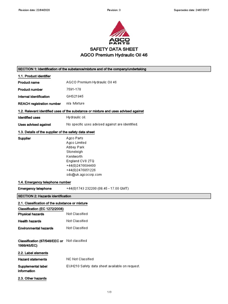 Safety Data Sheet AGCO Premium Hydraulic Oil 46: Revision Date: 22/04 ...