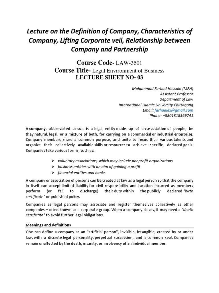 Company Law: Definition & Characteristics | PDF | Partnership | Companies