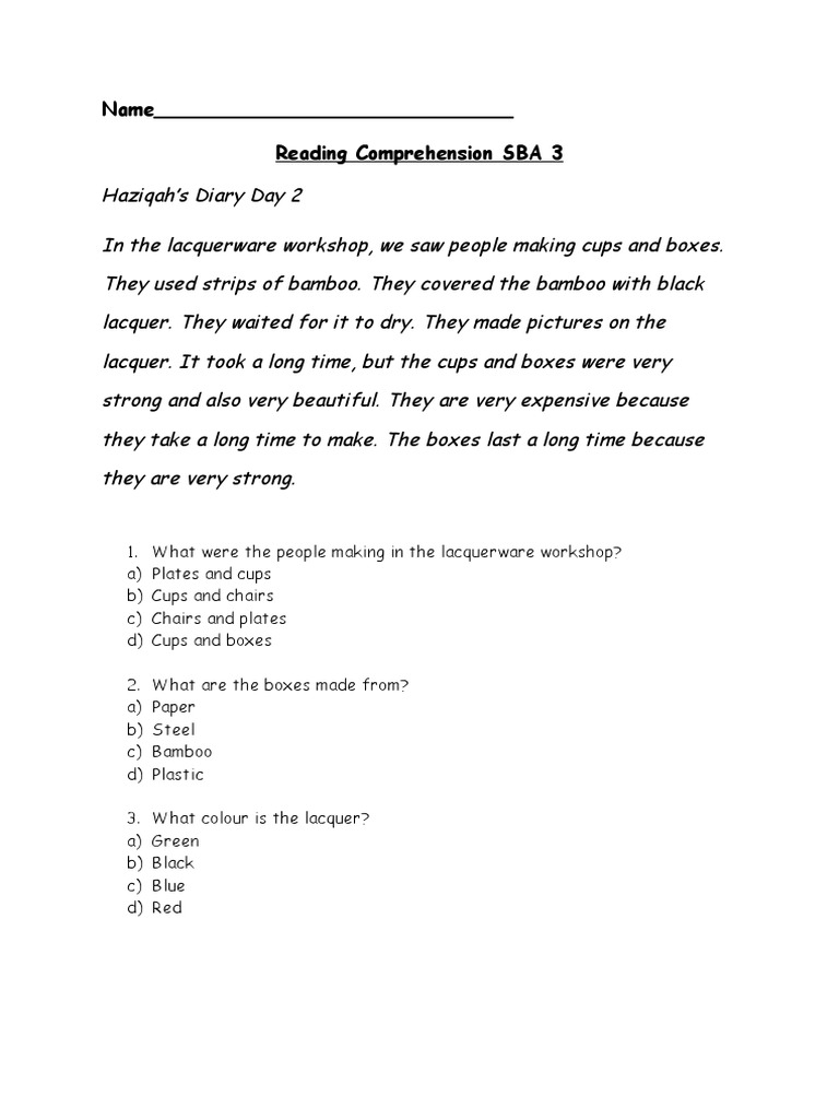 Name - Reading Comprehension SBA 3 | PDF