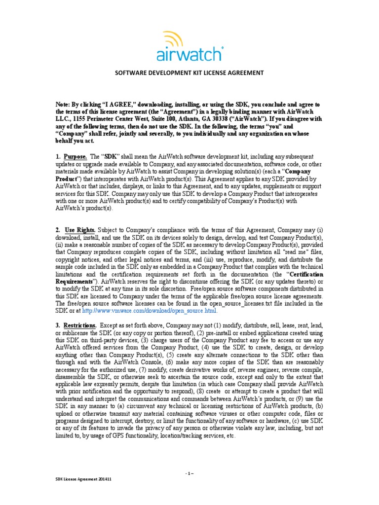 Software Development Kit License Agreement | PDF | Indemnity ...