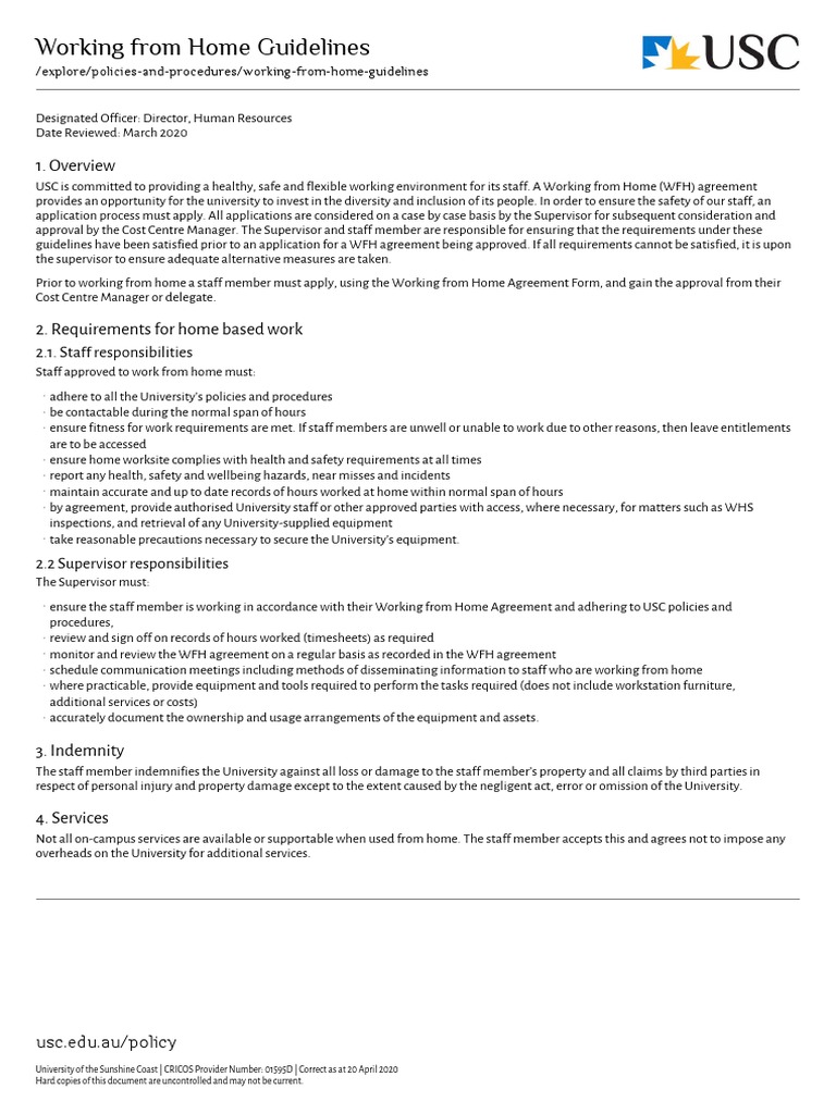 Working From Home Guidelines: 1. Overview | PDF | Indemnity | Business