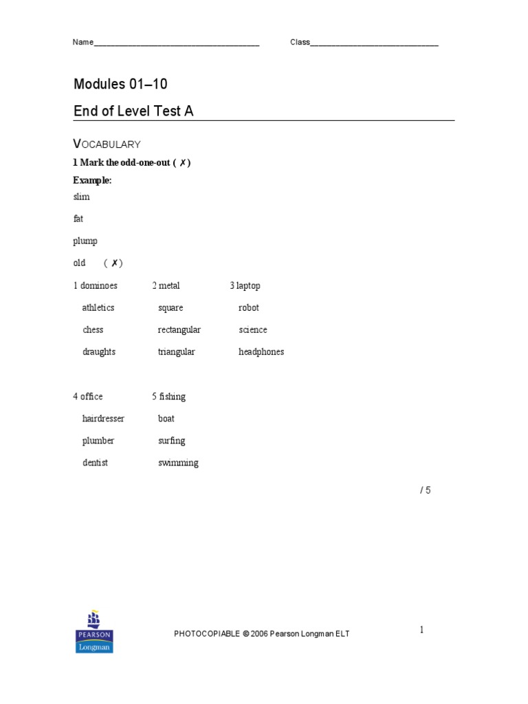 Modules 01-10 End of Level Test A: Ocabulary | PDF