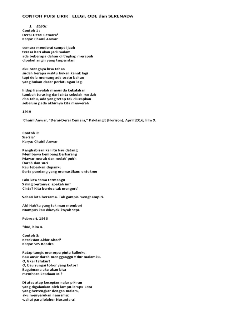 Contoh Puisi Lirik Elegi Ode Dan Serenada | PDF