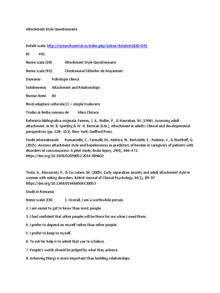 Attachment Style Questionnaire | PDF | Attachment Theory | Psychiatry ...