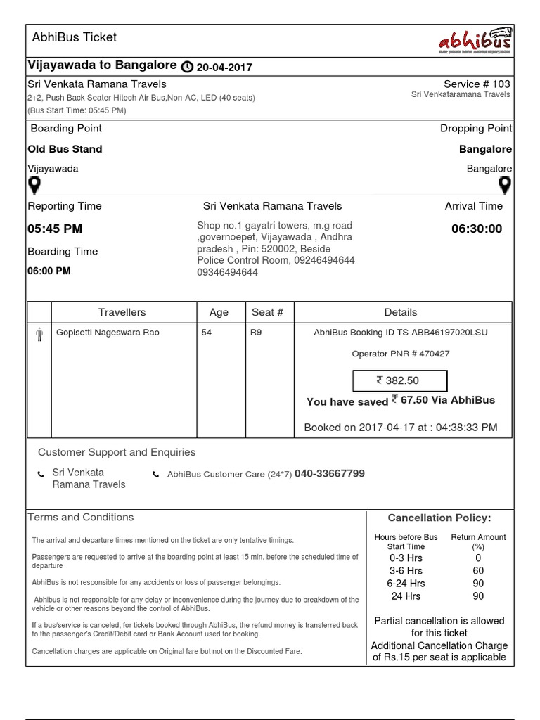 Vijayawada To Bangalore: Abhibus Ticket | PDF | Payments | Banking