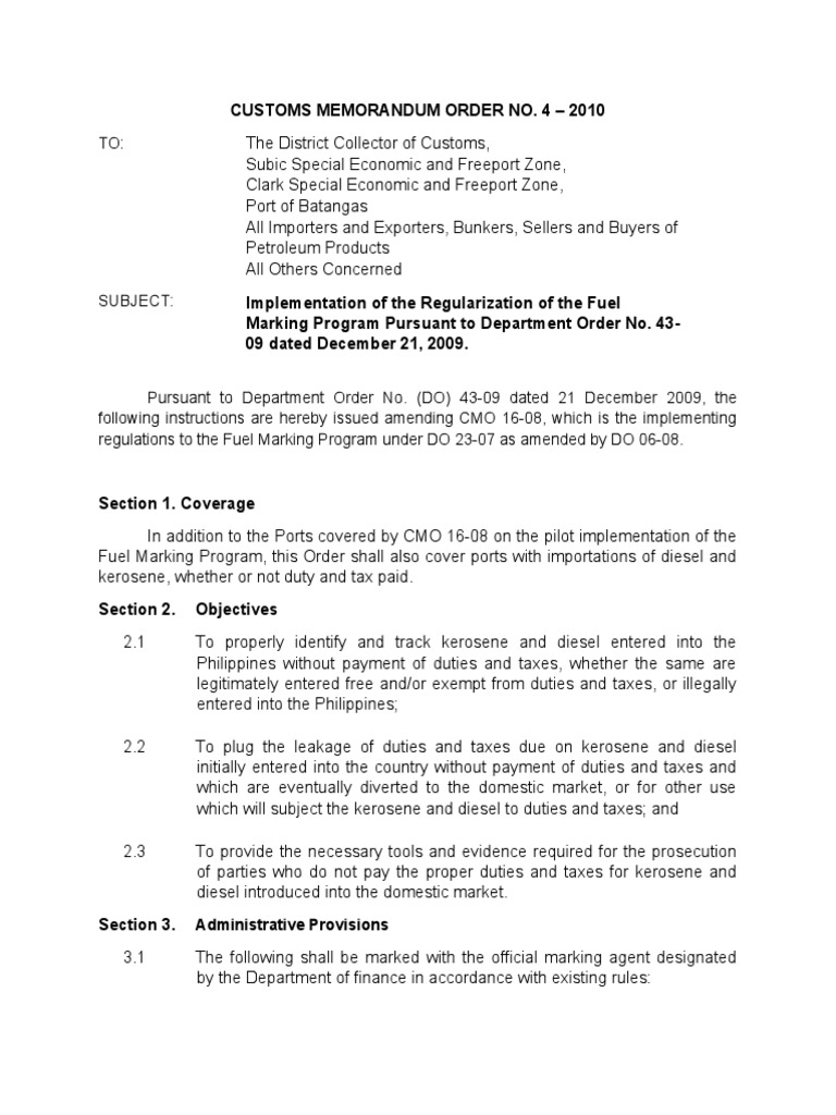Customs Memorandum Order No. 4 - 2010: Administrative Provisions | PDF ...
