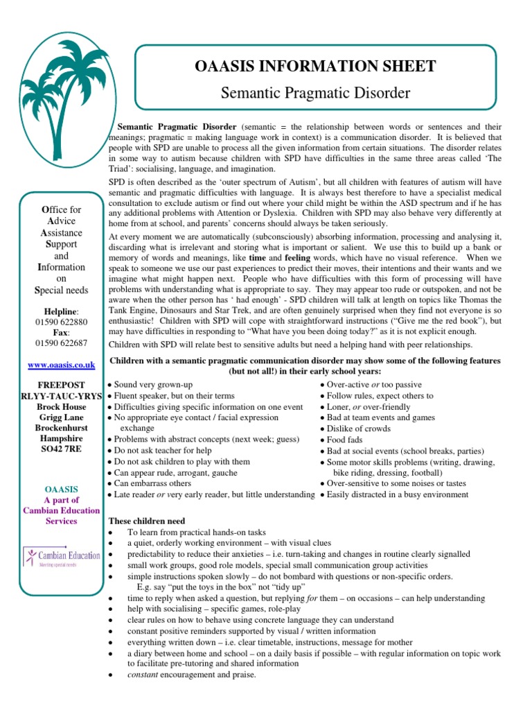 Semantic Pragmatic Disorder Info Sheet | PDF | Autism | Autism Spectrum