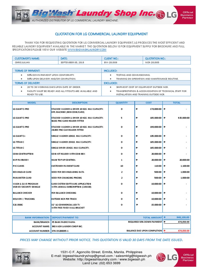 Quotation For LG Commercial Laundry Equipment | PDF | Washing Machine ...
