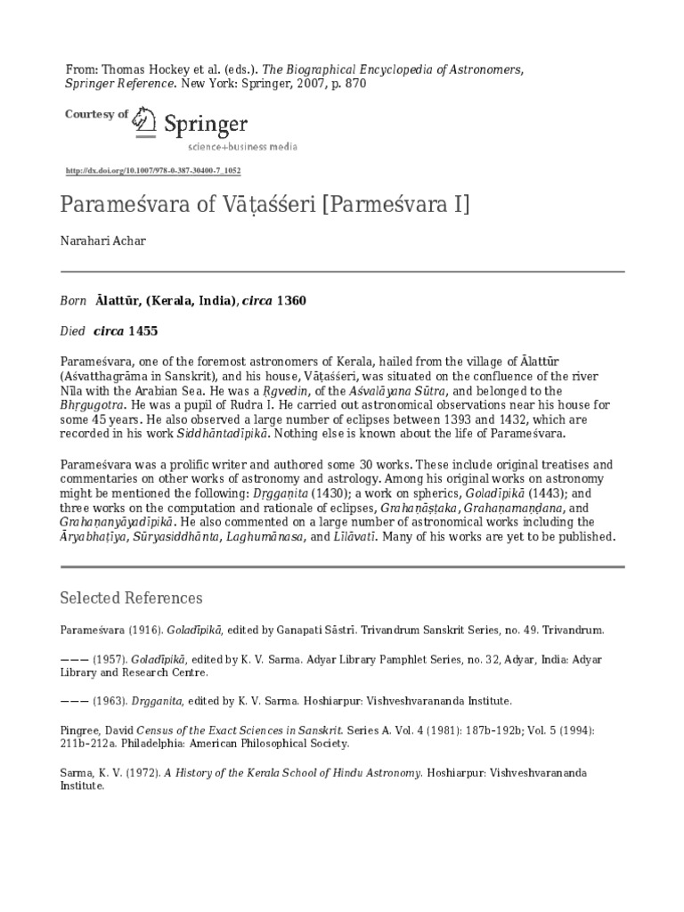 Parameśvara of Vā Aśśeri (Parmeśvara I) : Selected References | PDF ...