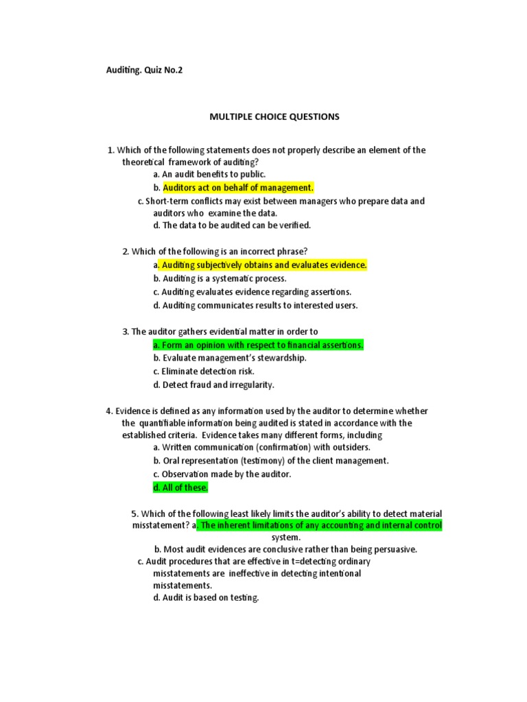 Multiple Choice Questions: Auditing. Quiz No.2 | PDF | Financial Audit | Audit