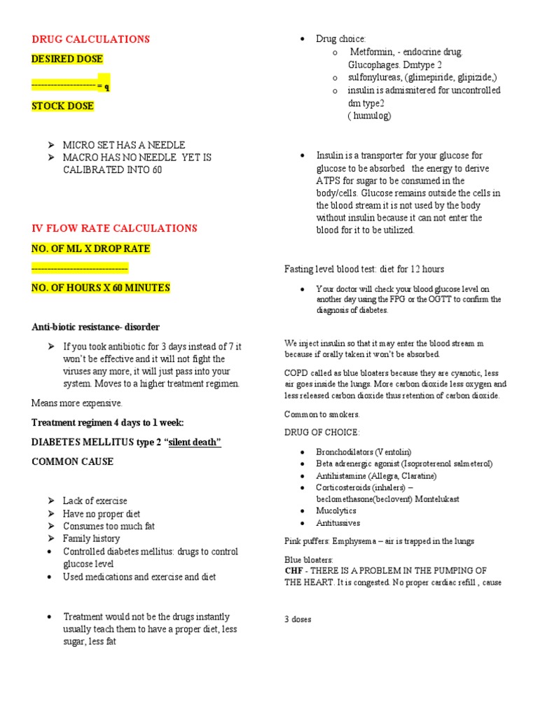 Drug Calculations: Desired Dose - Stock Dose | PDF | Chronic ...