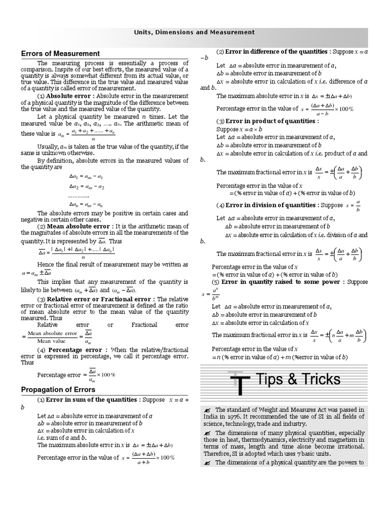 Errors of Measurement: Units, Dimensions and Measurement | PDF ...