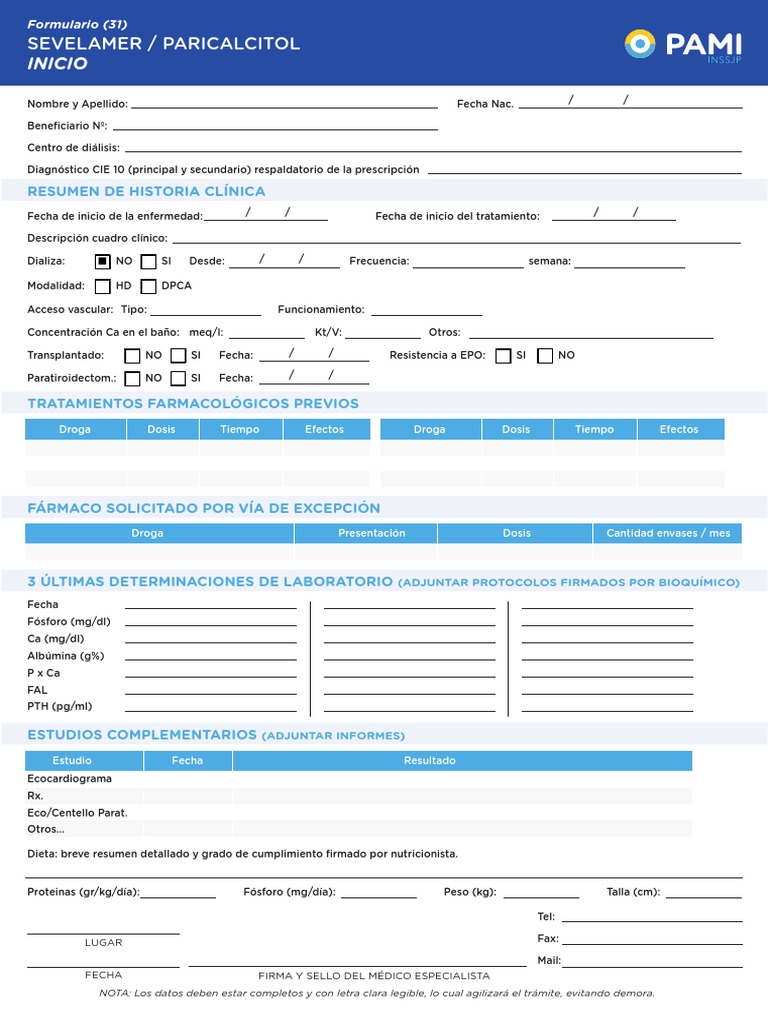 Formulario - 31 - Sevelamer - Paricalcitol - Inicio (Nuevo) PAMI | PDF | Cuidado de la salud ...
