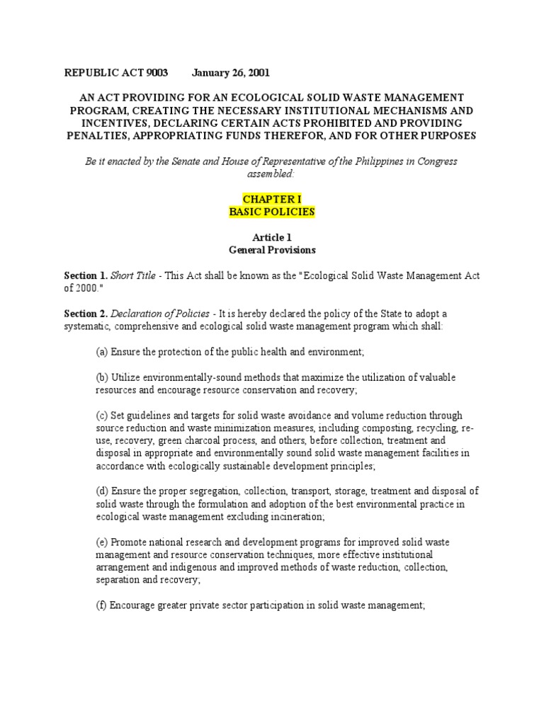 RA 9003 - Ecological Solid Waste Management Act | PDF | Waste ...