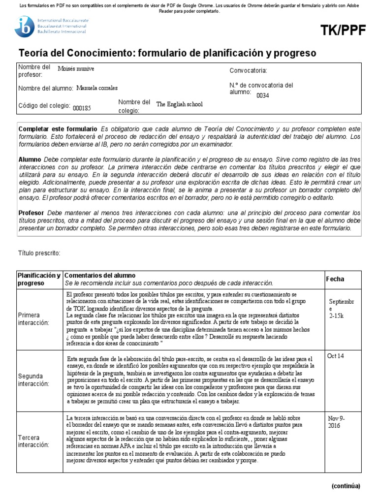 Planificación y Progreso en TOK | PDF | Ensayos | Conocimiento