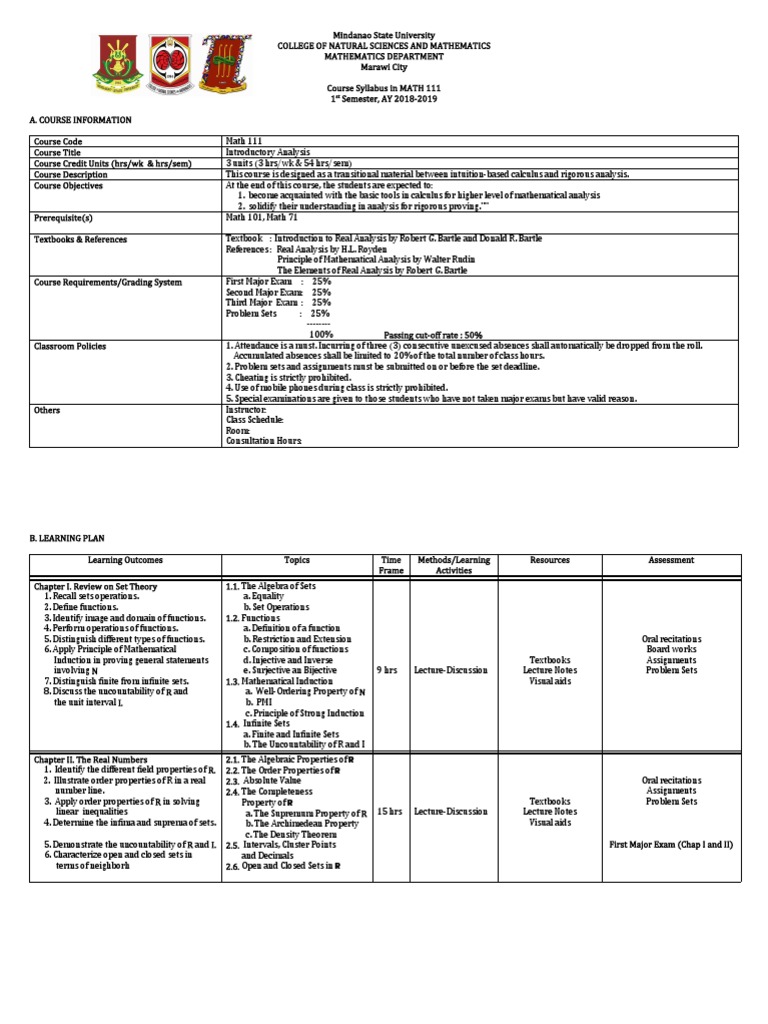 Math 111 Syllabus | PDF | Sequence | Function (Mathematics)