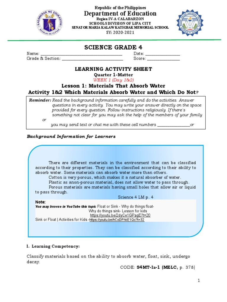 Non-Porous Materials in Grade 4 Science | PDF | Plastic | Water
